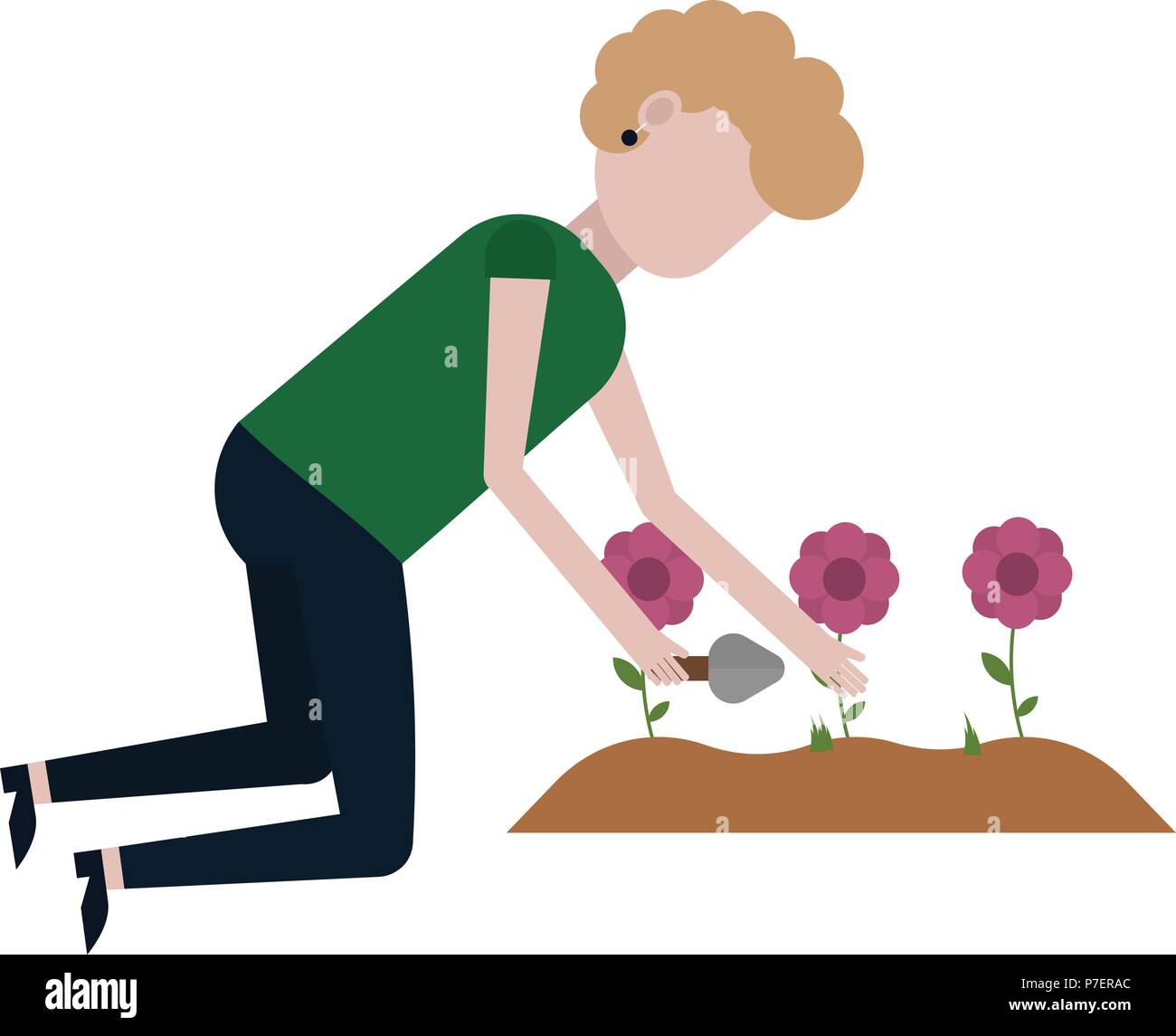 A girl is cleaning on a flower bed vector illustration on white ...