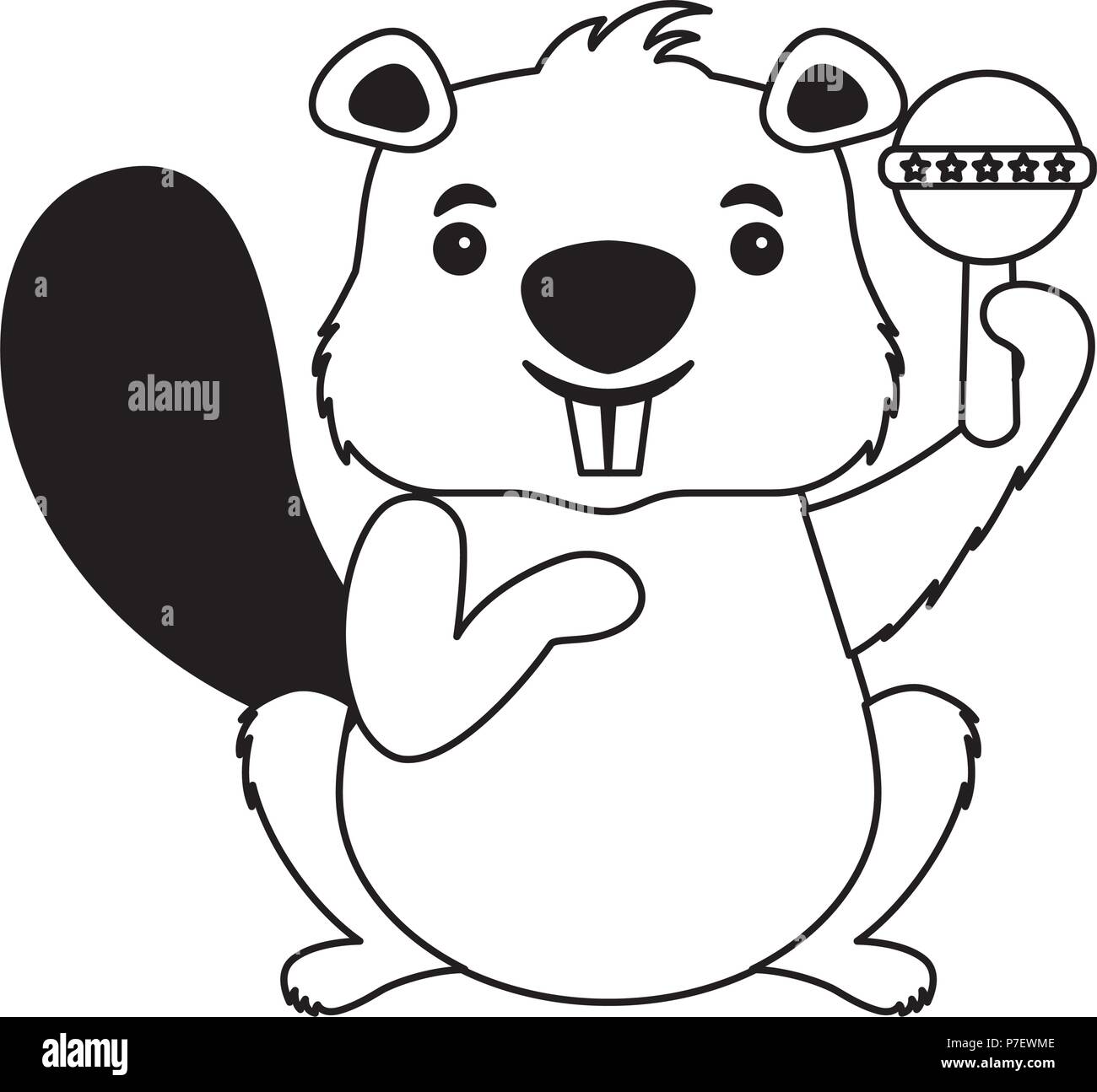cute beaver funny rattle toy vector illustration black and white Stock ...