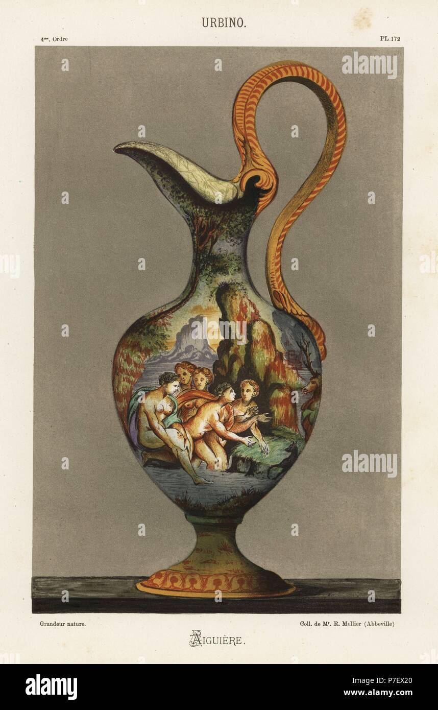 Water jug in Renaissance maiolica tin-glazed pottery, Urbino, Italy ...