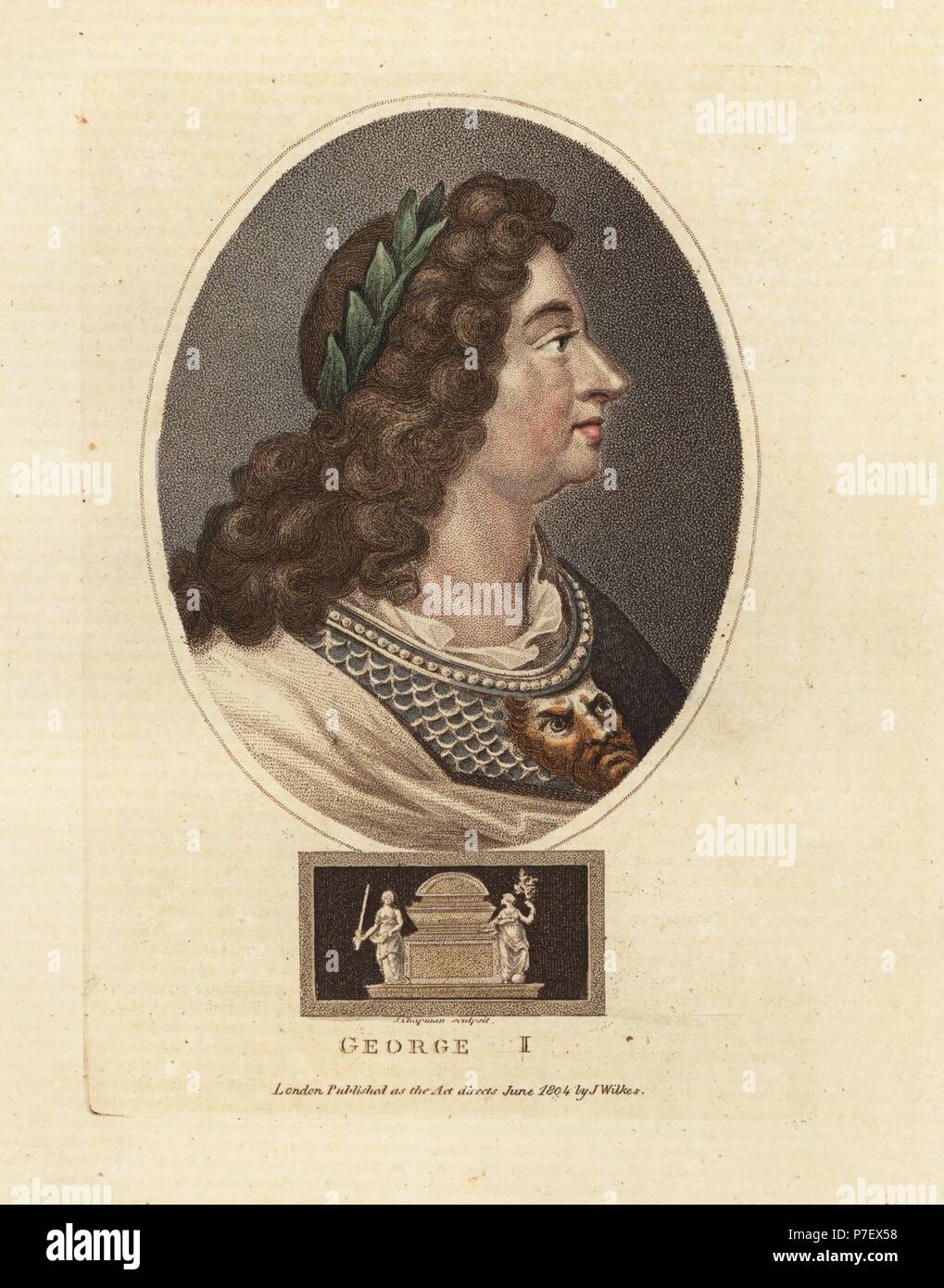 Portrait of King George I, 1660-1727, King of England, in laurel wreath ...