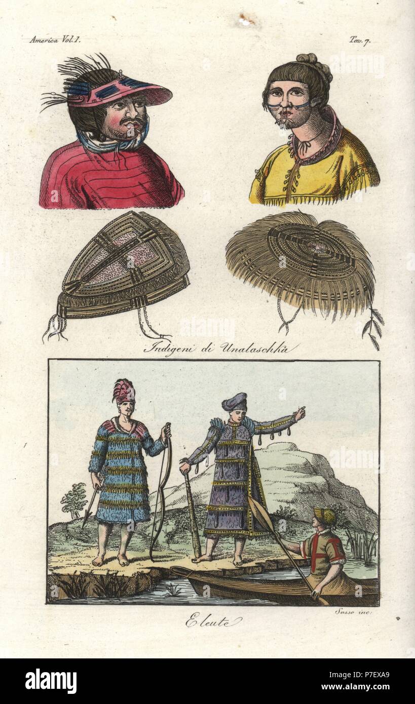 Natives of Unalaska wearing traditional hats and facial piercings, and ...