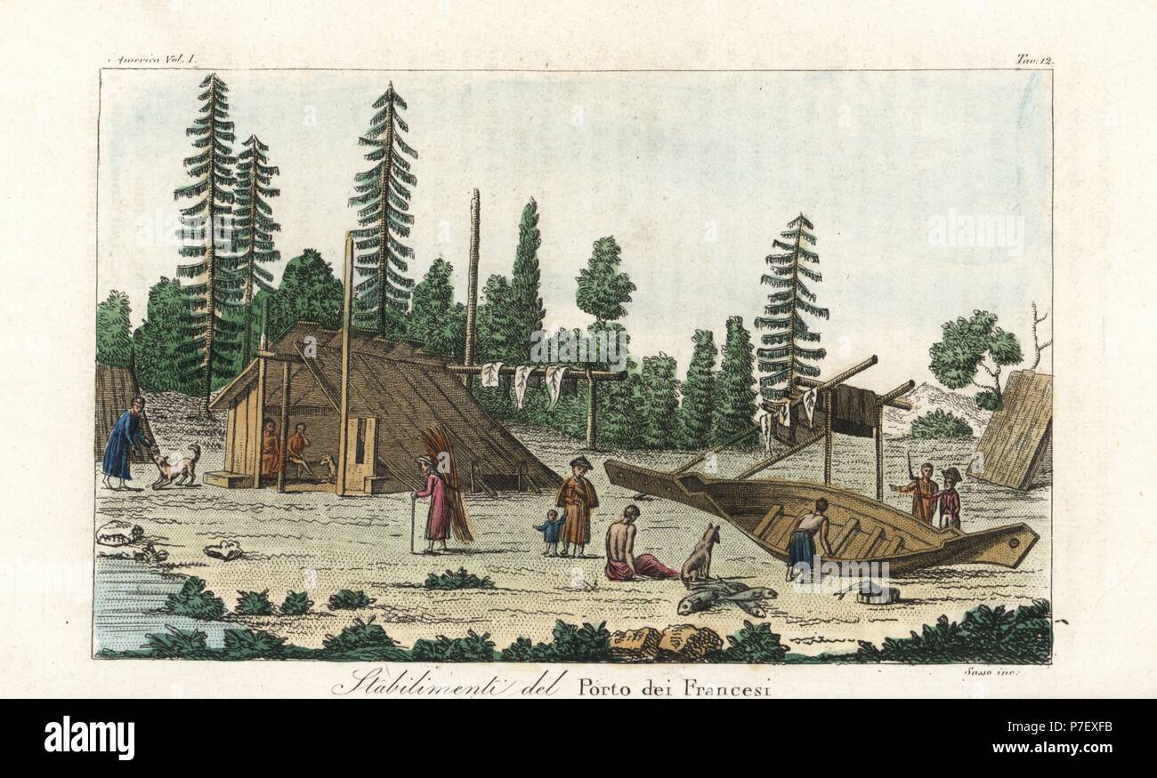 Aleutian natives building boats and drying fish at a village in the ...