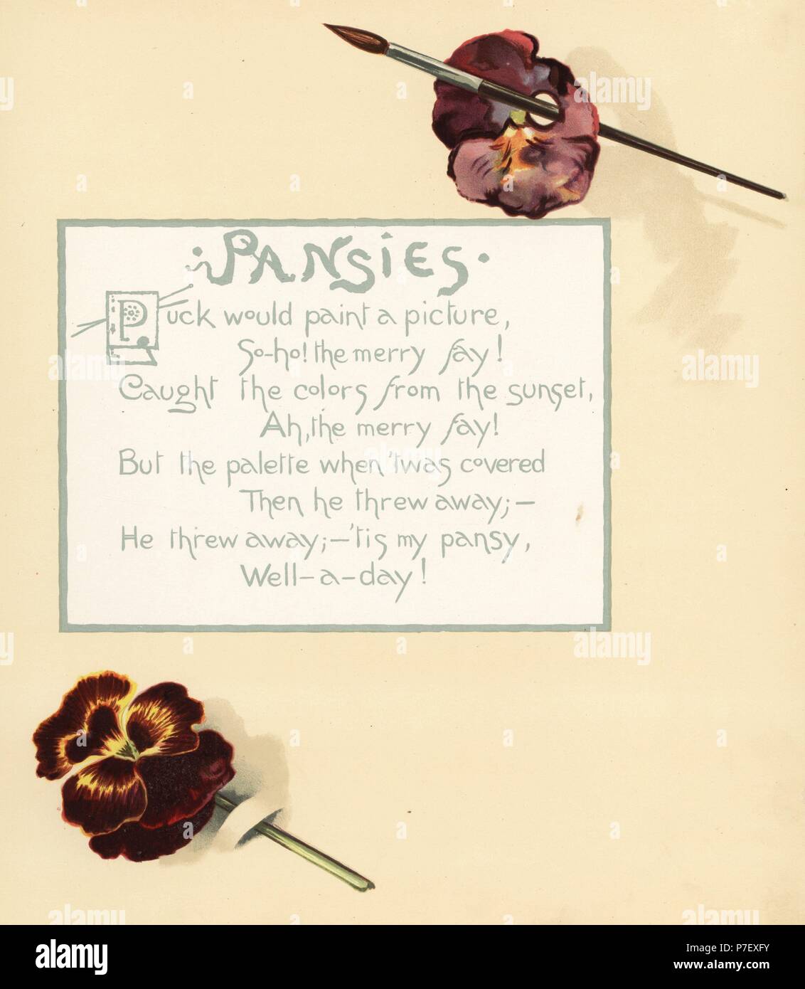 Pansies, Viola tricolor, paintbrush and palette, with calligraphic poem ...