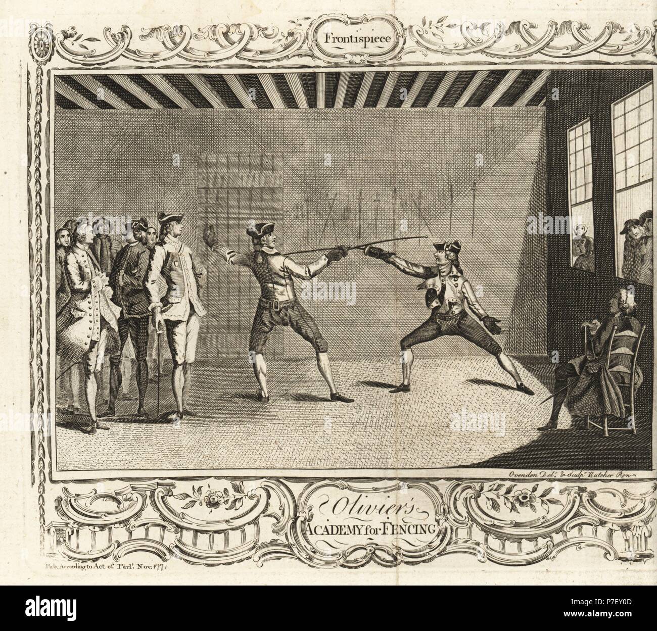 Fencers fighting a duel in a London fencing school while gentlemen ...