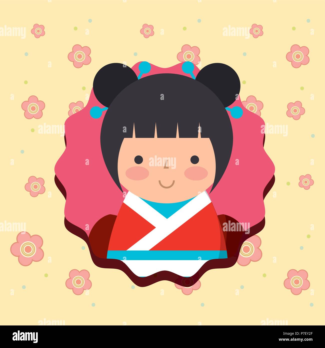 cute traditional japanese kokeshi doll in kimono flowers background ...