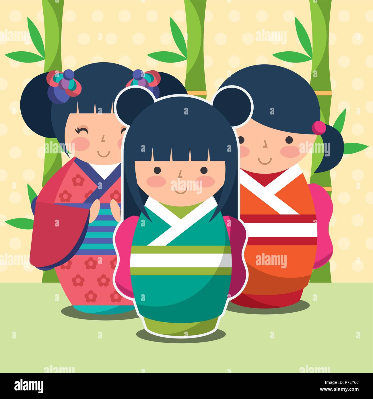 group cute japanese kokeshi doll in kimono Stock Vector Image & Art - Alamy