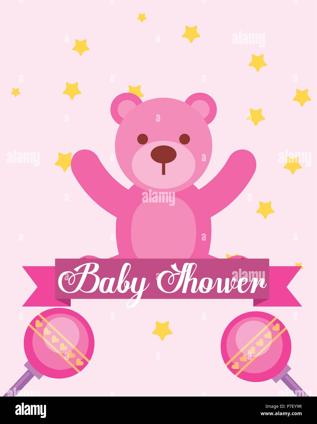 pink toy bear rattles baby shower invitation card Stock Vector Image ...