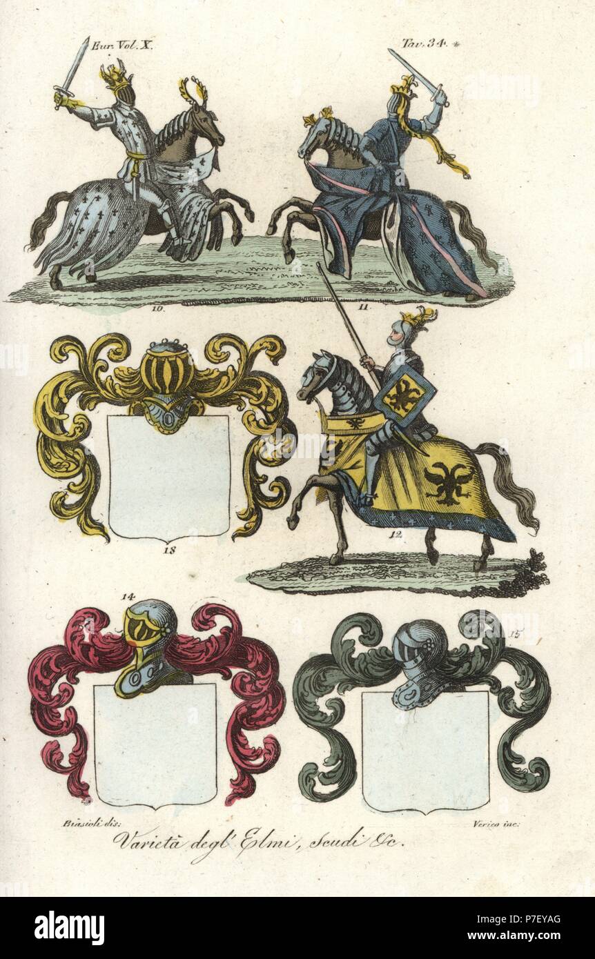 Knights jousting at a medieval tournament, and heraldic crests ...