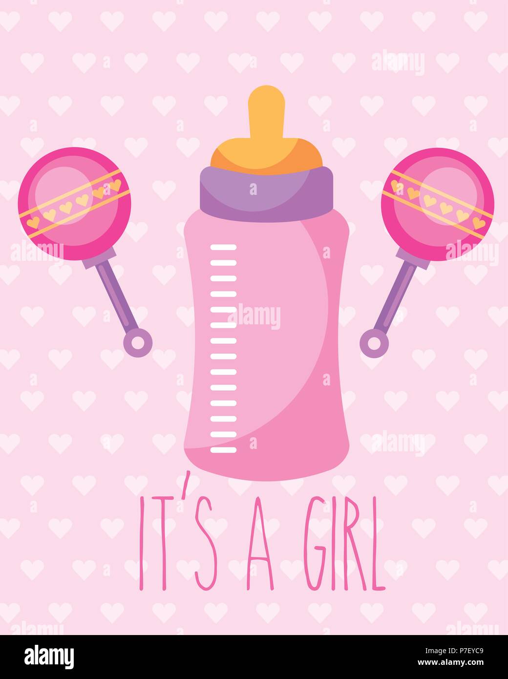 pink feeding bottle and rattles toy its a girl card Stock Vector Image ...