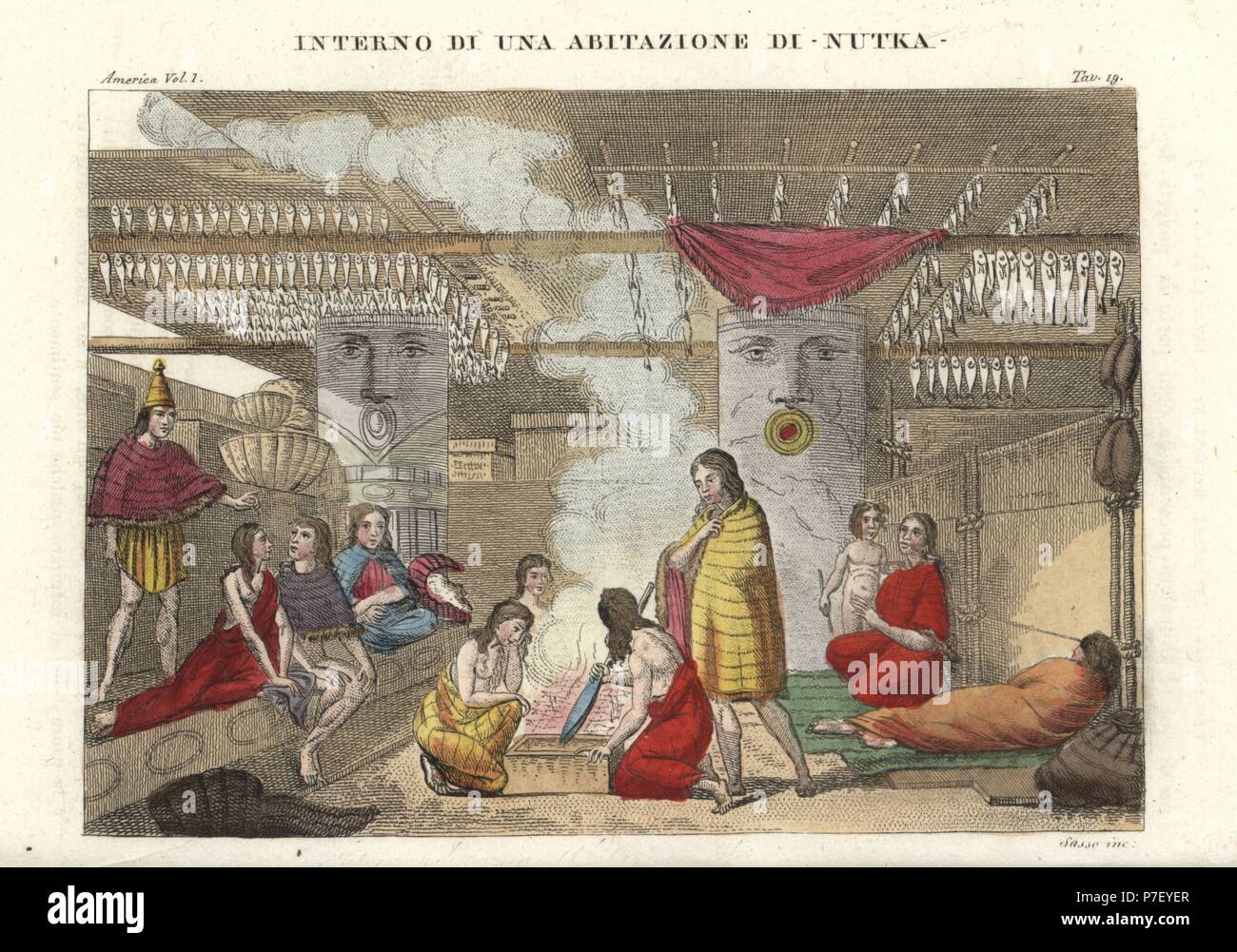 Interior of a large communal house in Nootka Sound, with villagers ...