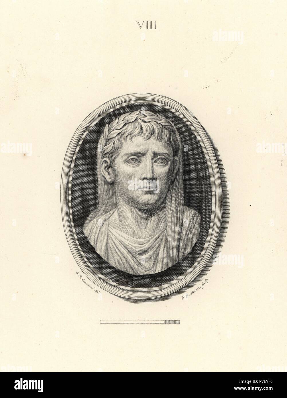 Augustus, founder of the Roman Empire, with laurel wreath. Copperplate ...
