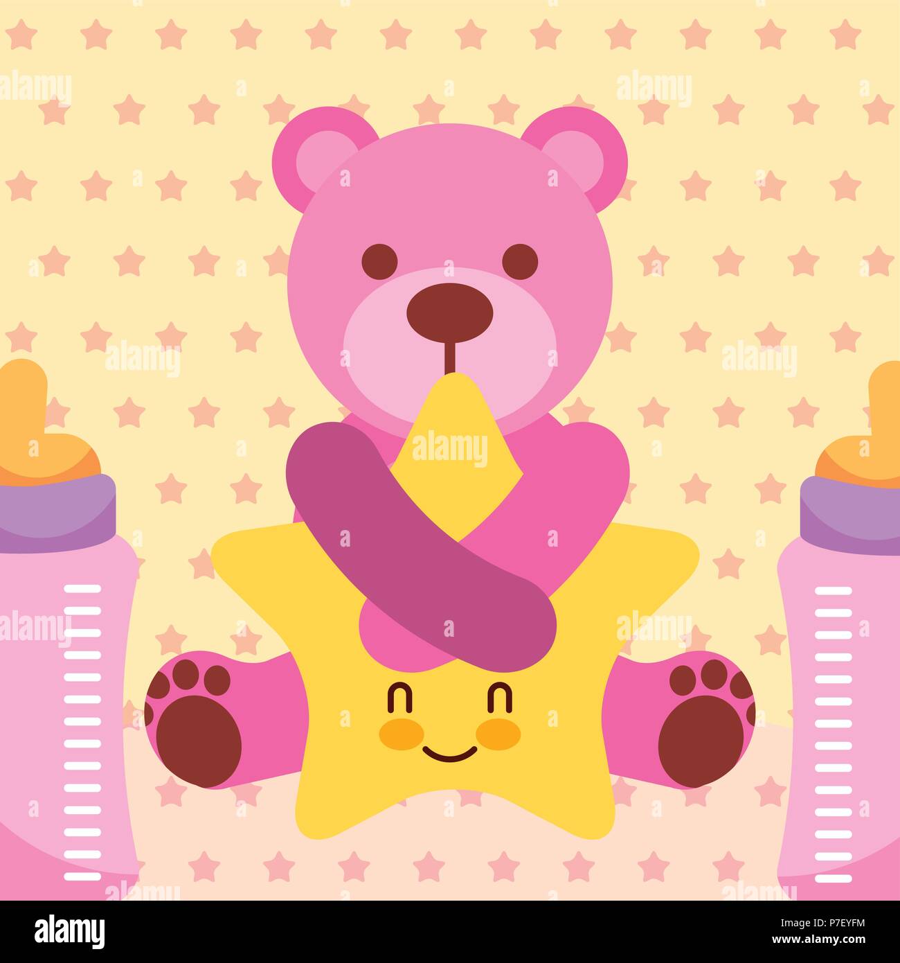 pink bear hugs cartoon star and baby bottles dots background Stock ...