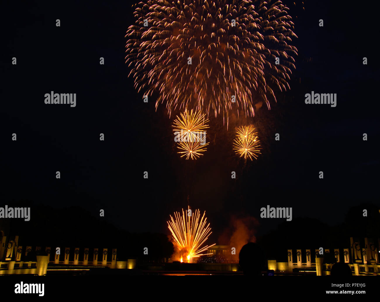 July 4th fireworks with Lincoln Memorial and World War II in background ...
