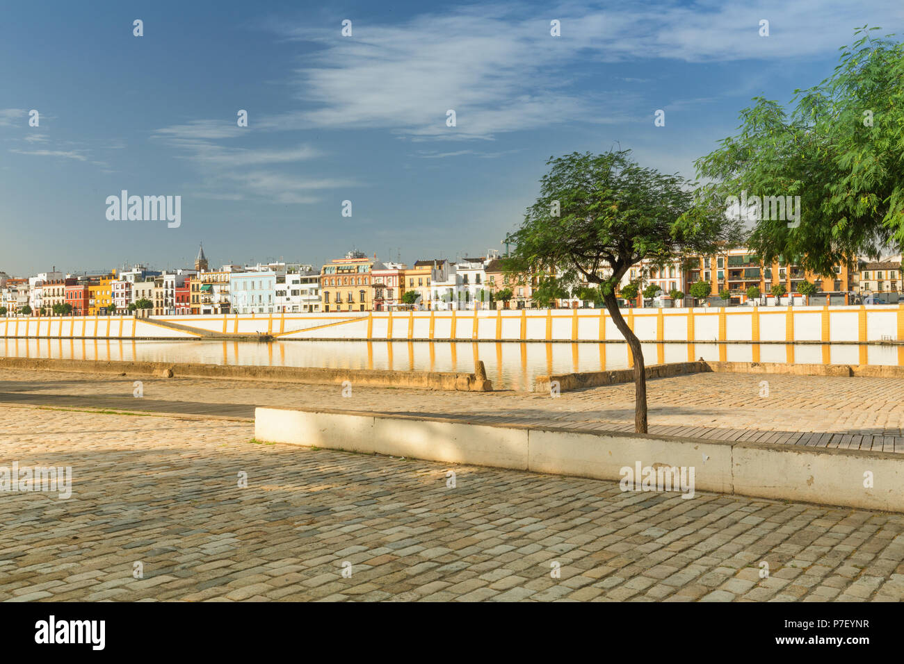 Seville, Spain, Waterfront view to the historic architecture of the ...