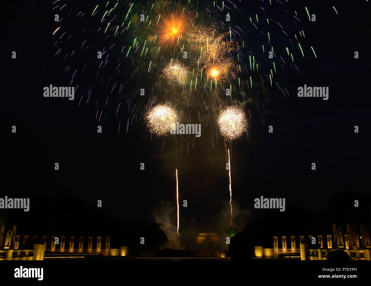 July 4th fireworks with Lincoln Memorial and World War II in background ...