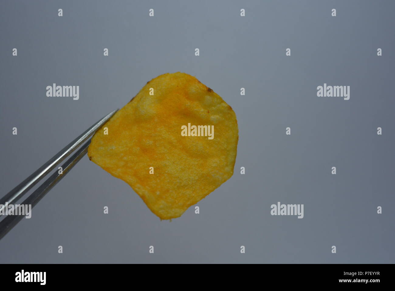 Snacks, fast and unhealthy food. Metallic, thin tweezers hold one salty ...