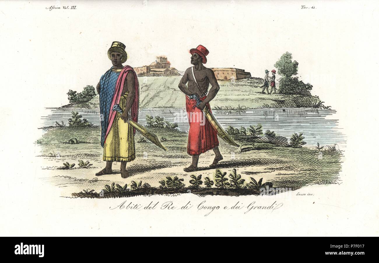 Costumes of the King of the Kongo, and a noble man. They wear hats with ...