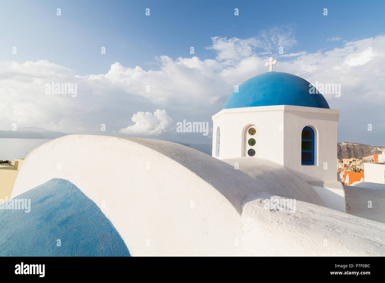 Details of a traditional Orthodox blue dome in Greece on a very sunny ...