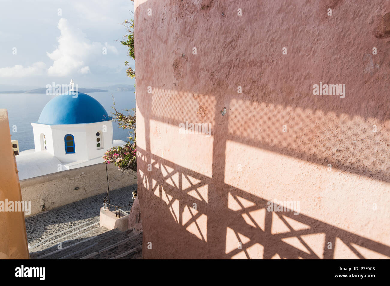 Details of a traditional Orthodox blue dome in Greece on a very sunny ...