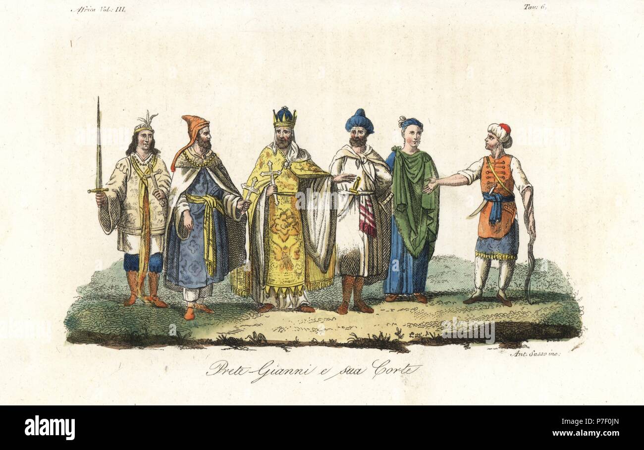 The legendary Prester John and his court. Handcoloured copperplate ...