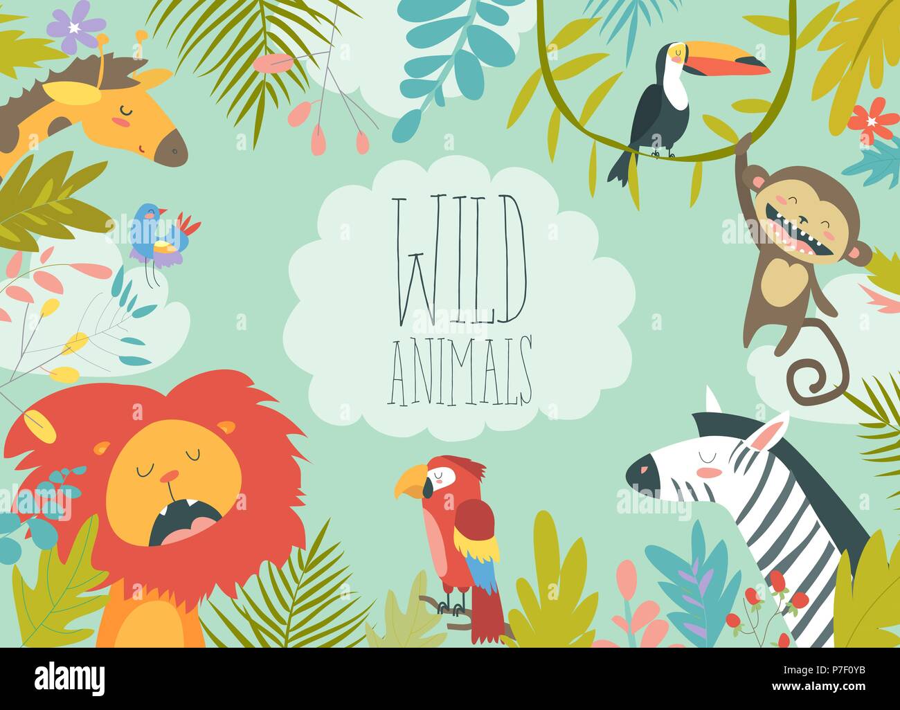 Happy jungle animals creating a framed background Stock Vector Image ...