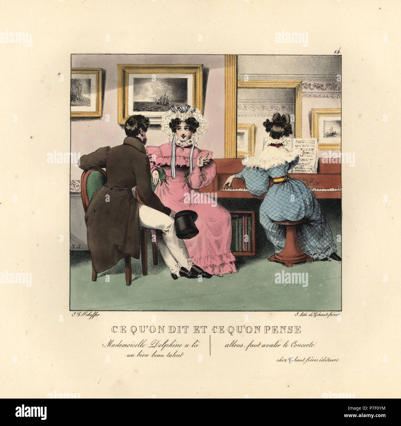 Lady playing the piano in a parlour to guests. Another lady says, She's ...