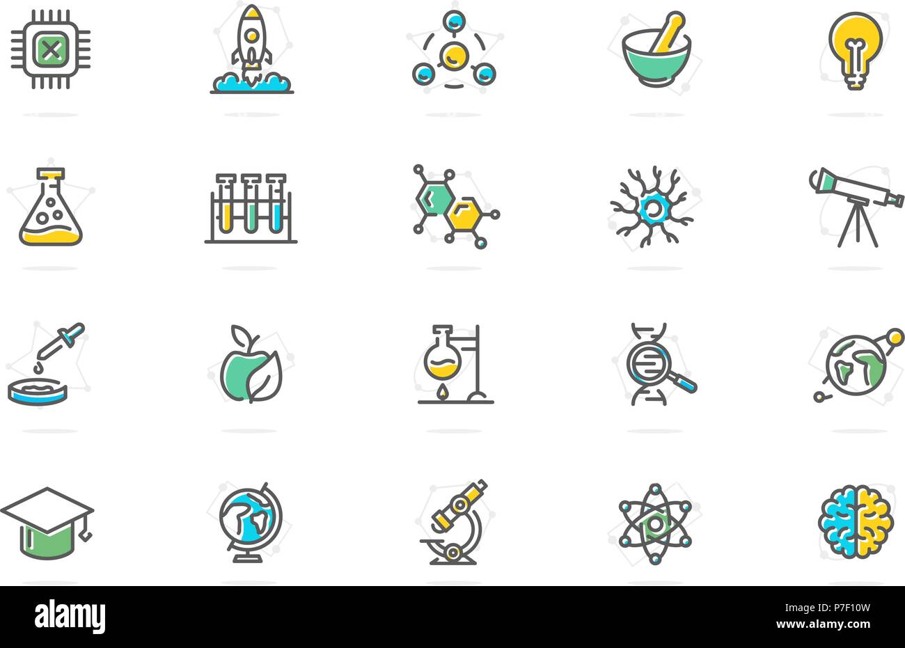 Set of vector science and research colored line icons. Chip, rocket ...