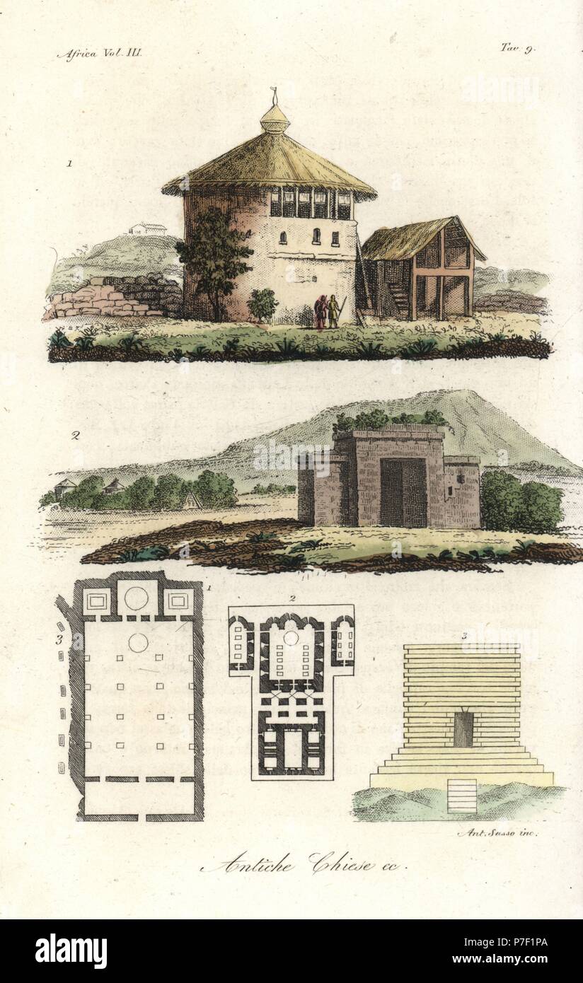 Ancient Christian churches in Abyssinia. Handcoloured copperplate ...