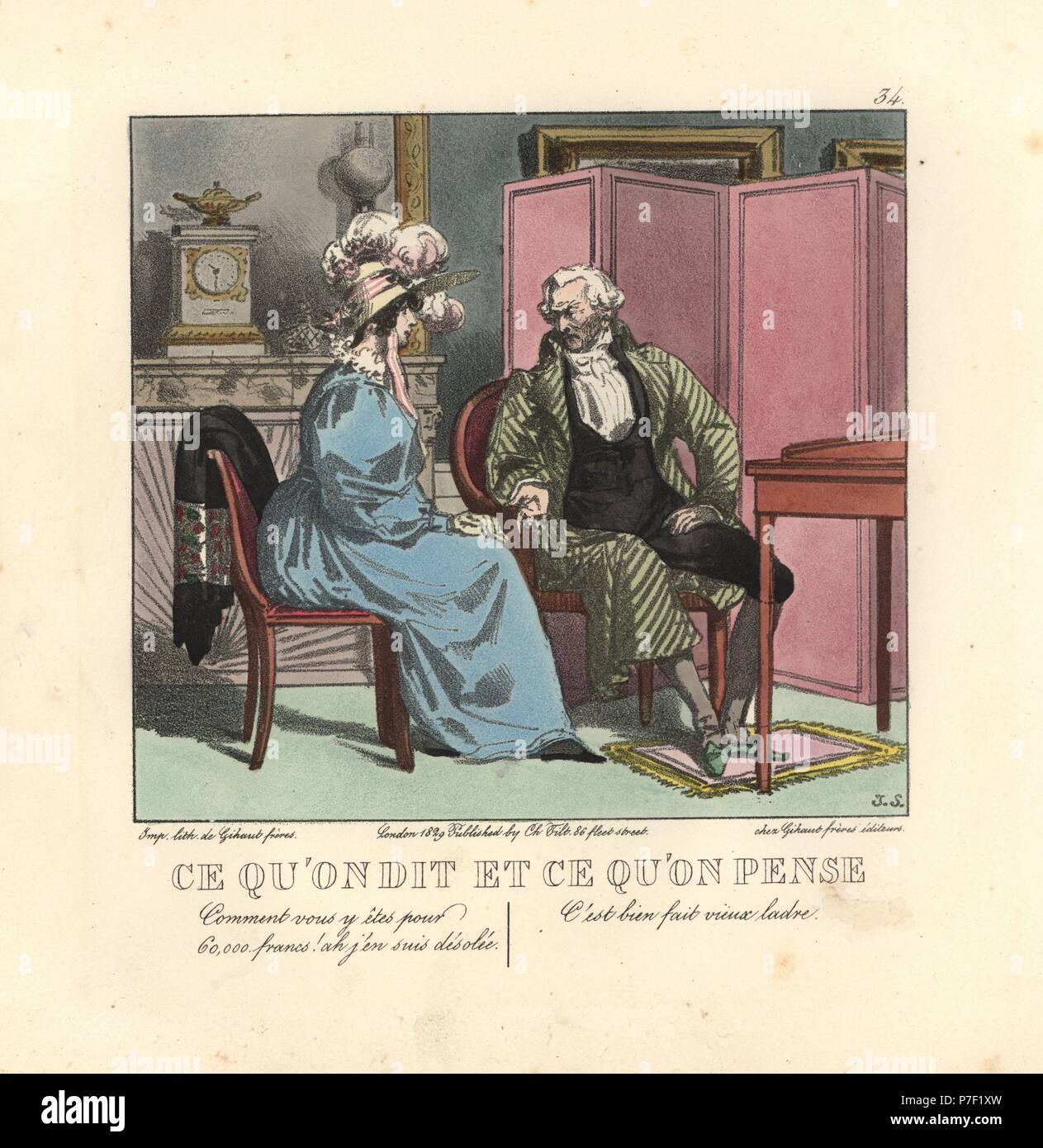 Lady and old gentleman in a parlor, 19th century. She says, But how can ...