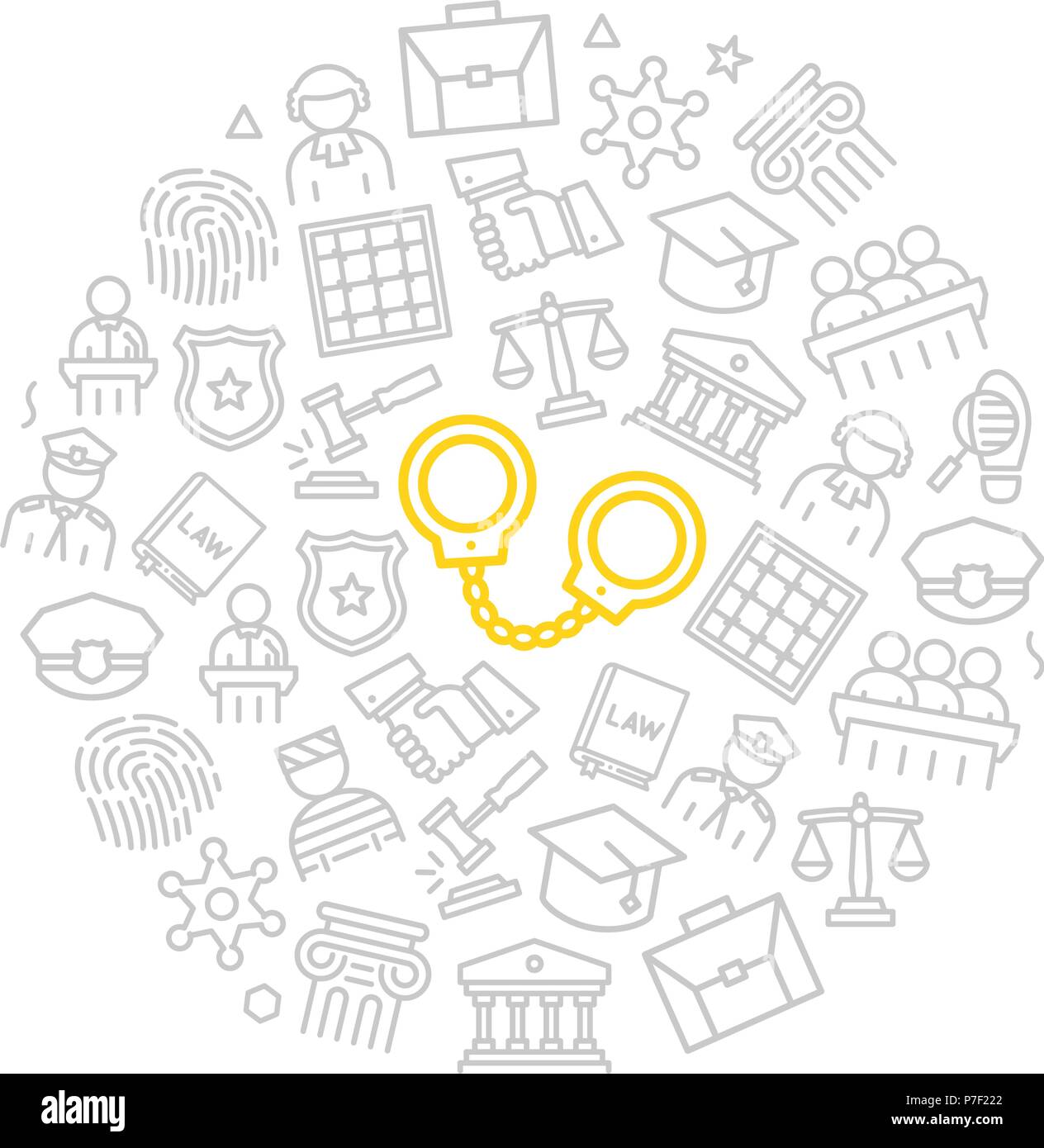 Set of vector crime, law, police and justice icons in circle design ...
