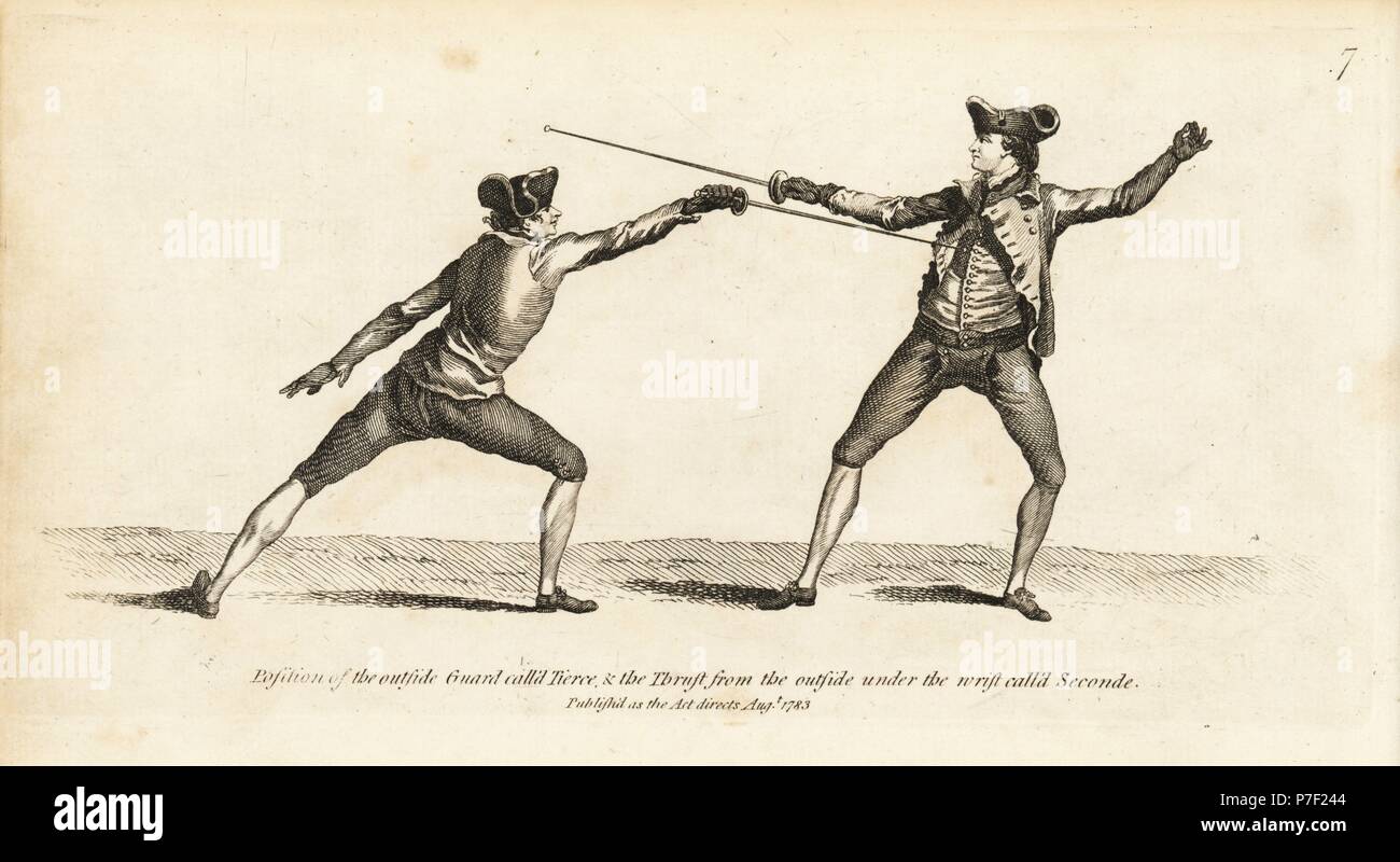 Gentlemen fencers in position for the outside-guard called Tierce and ...