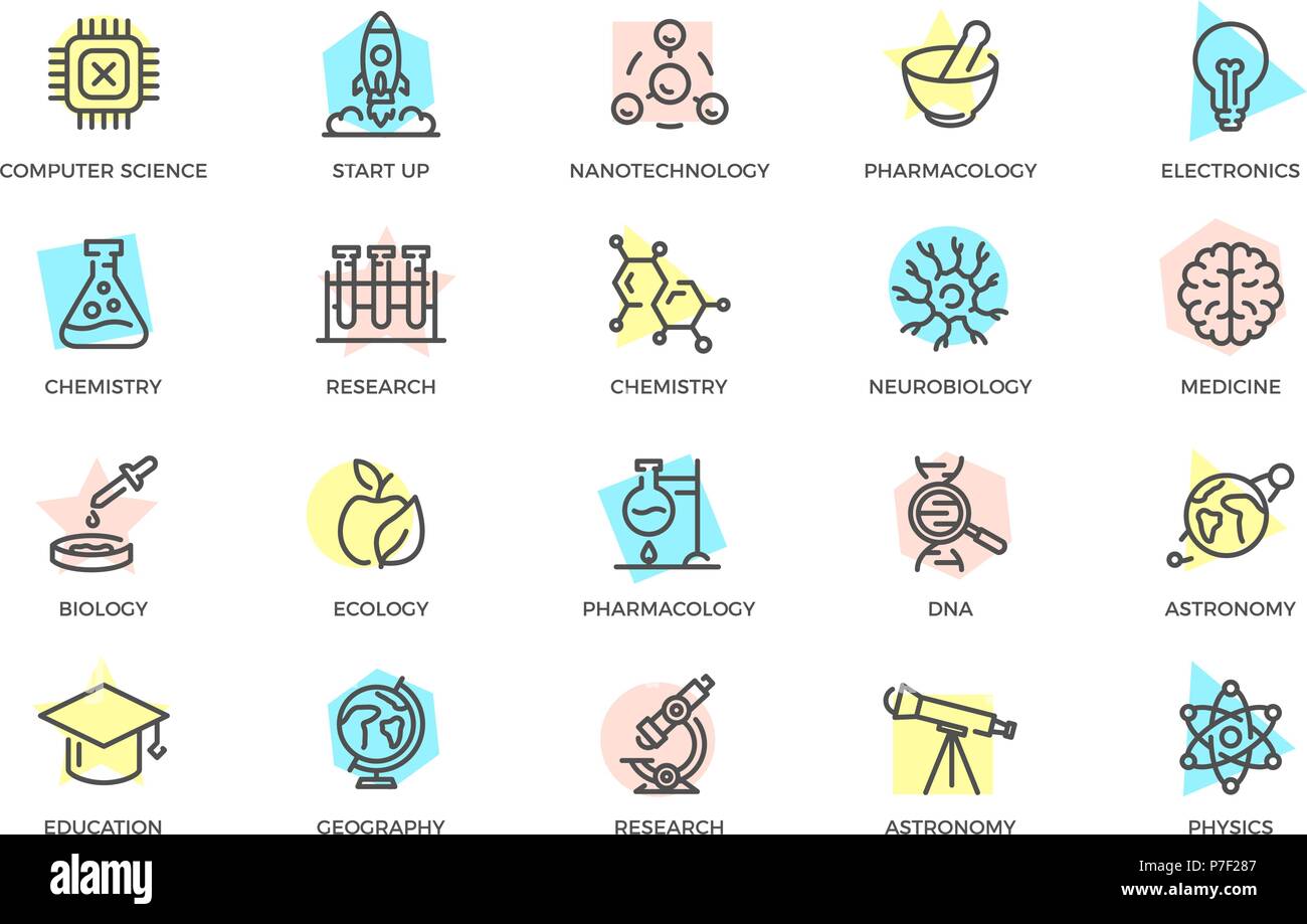 Set of vector science and research colored line icons with titles. Chip ...
