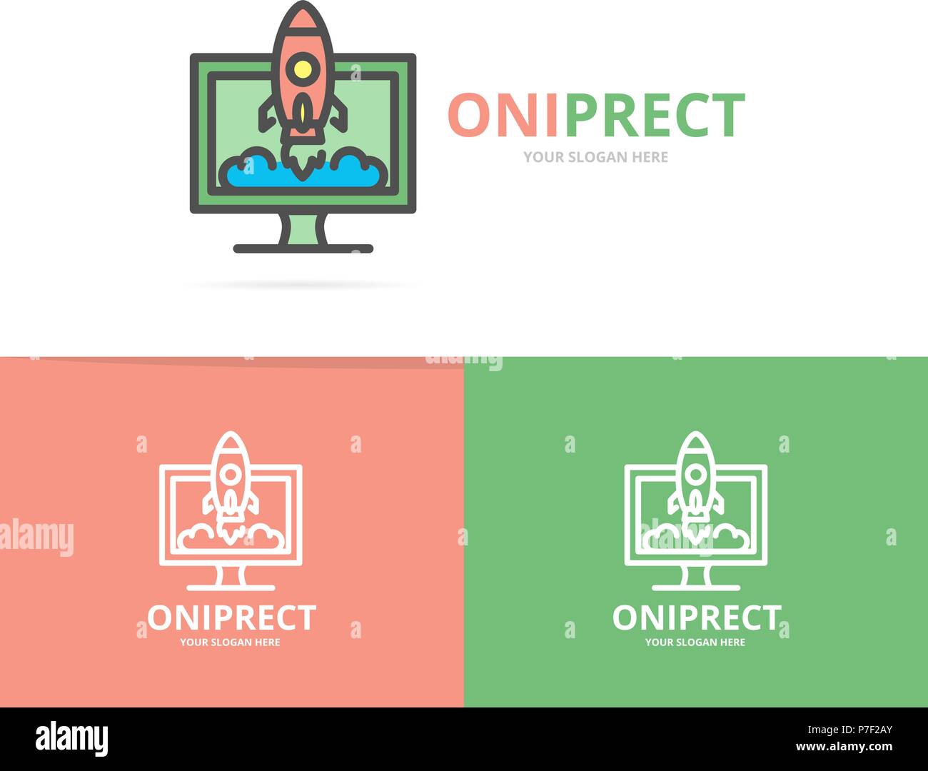 Simple rocket with computer monitor logo design template. Symbol and ...