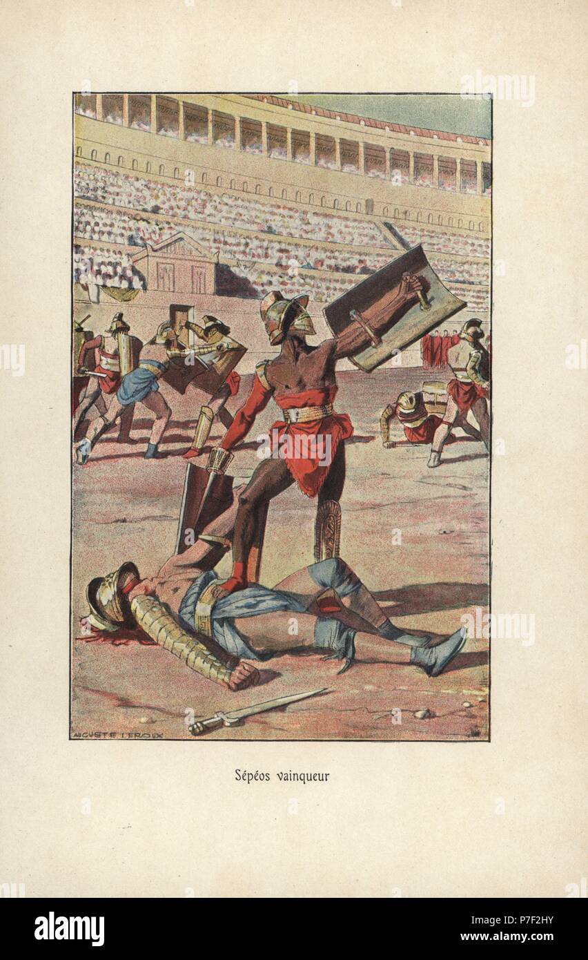 Sepeos standing over a vanquished gladiator in the colosseum during a ...