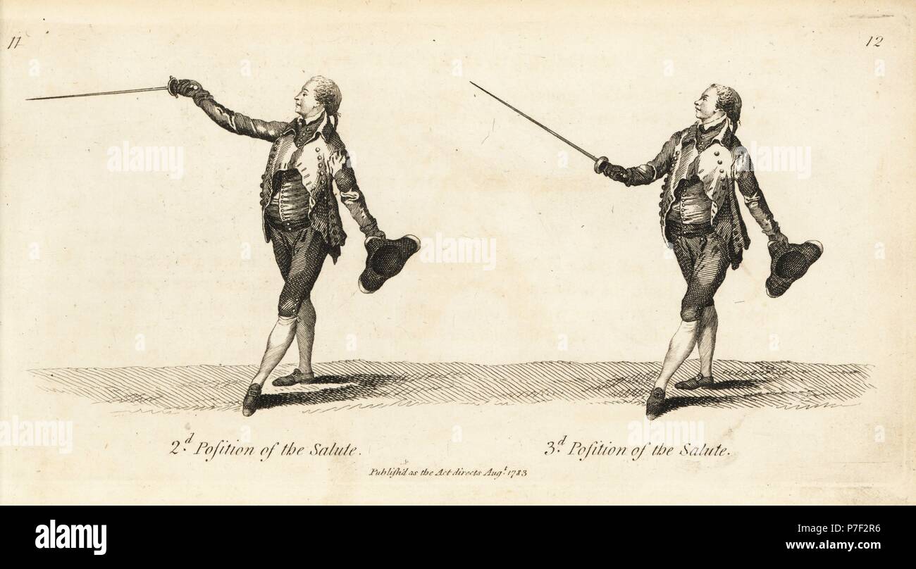 Gentlemen fencers in the second and third positions of the Salute ...
