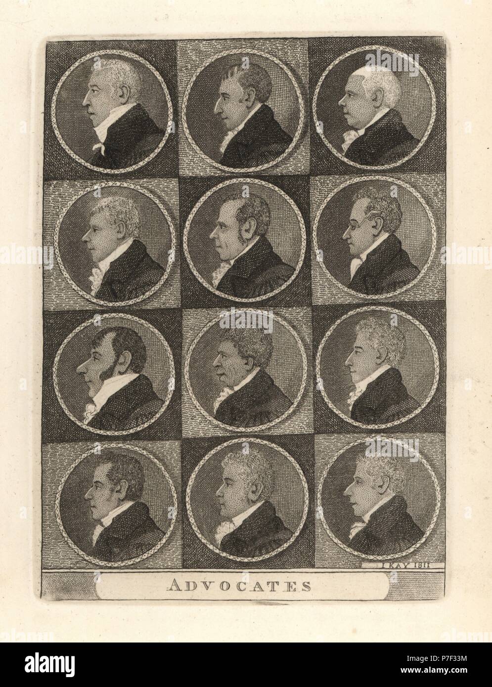 Twelve advocates who plead without wigs. Copperplate engraving by John ...