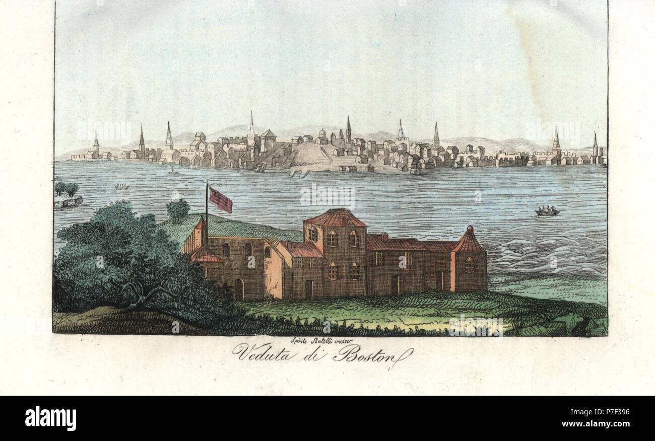 View of Boston in the early 19th century. Handcoloured copperplate ...