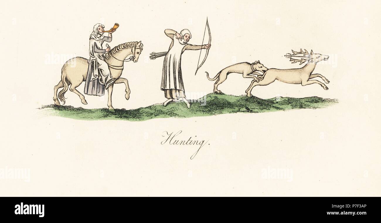 Ladies hunting a stag with bow and arrow, mounted woman blowing a ...