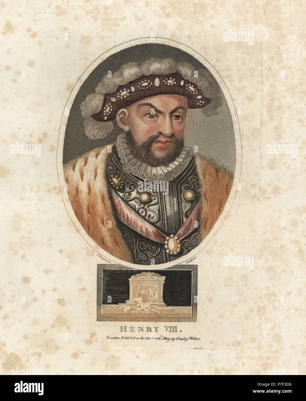 Portrait of King Henry VIII of England, 1491–1547, in jeweled cap, ruff ...