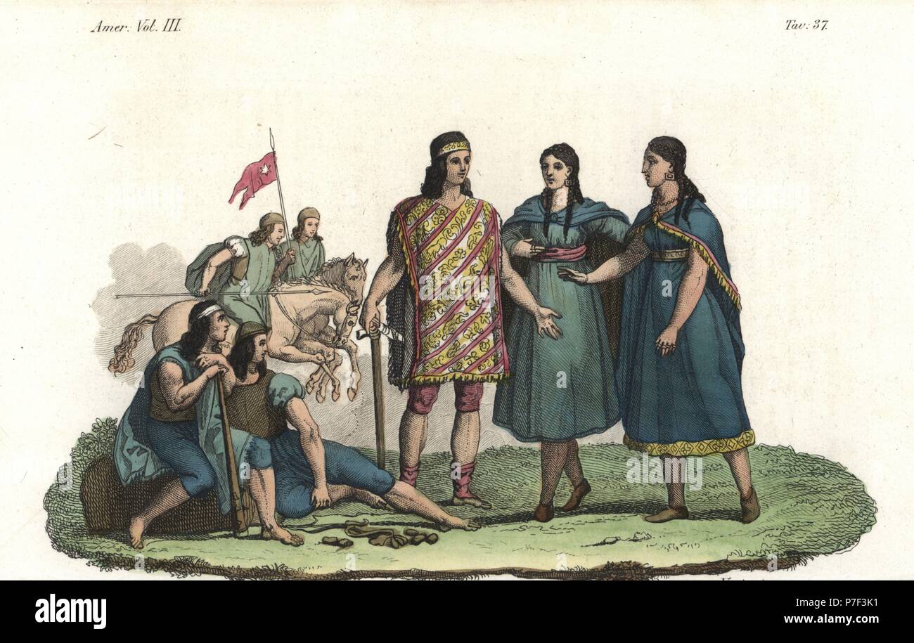 Araucanian Mapuche or Moluche leader with tunic and axe, women in woven ...