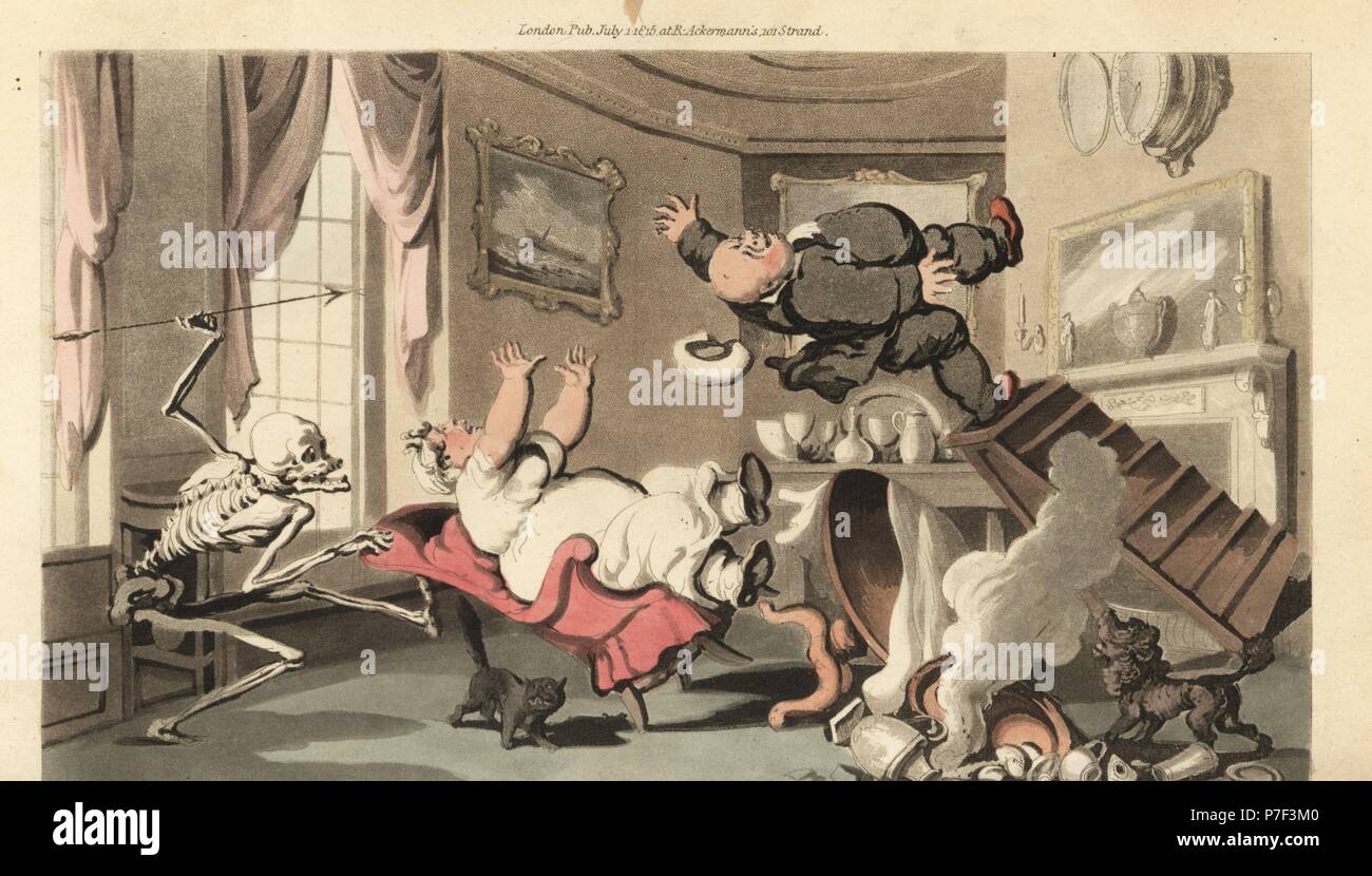 The skeleton of Death throws his dart at a man as he topples from a set ...