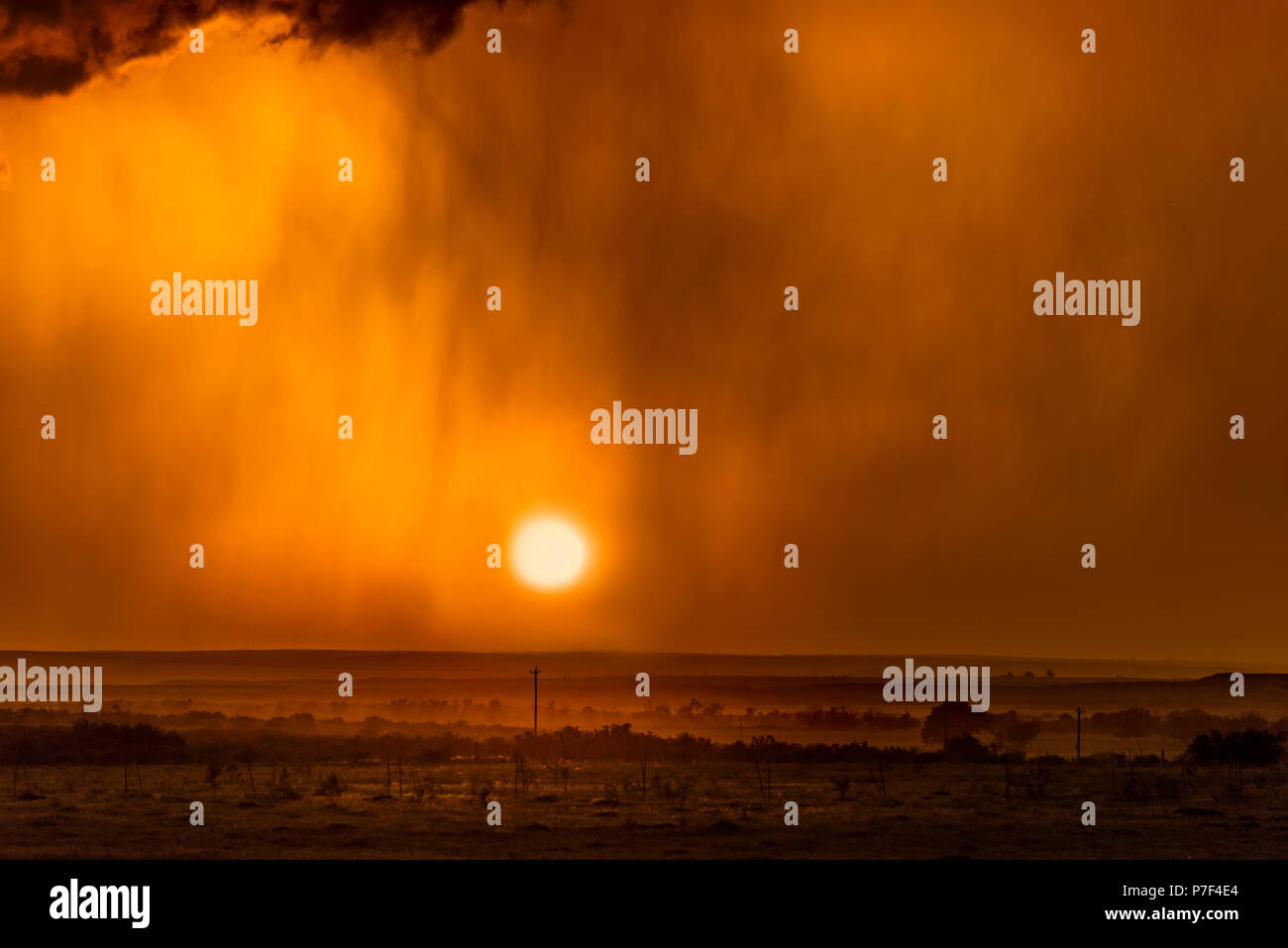 Pouring rain during a lightning storm framed by a low, orange sunset ...