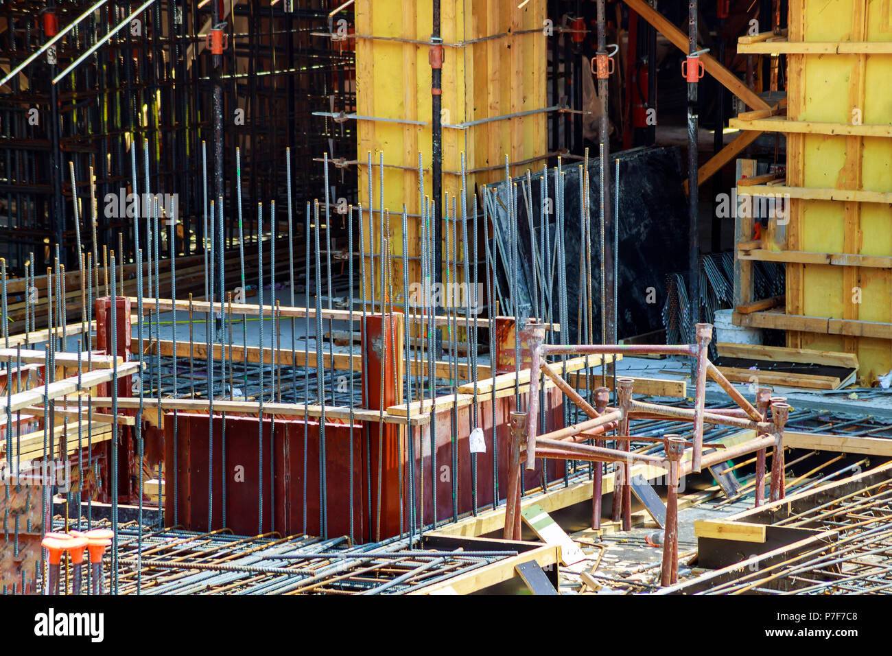 reinforcement concrete with metal rods connected by wire. Preparation ...