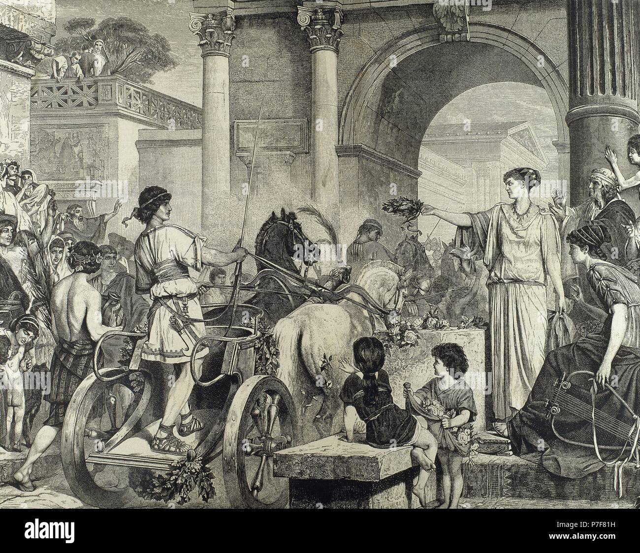 Ancient Greece. Olympic Games. Entrance of the winner in chariot racing ...