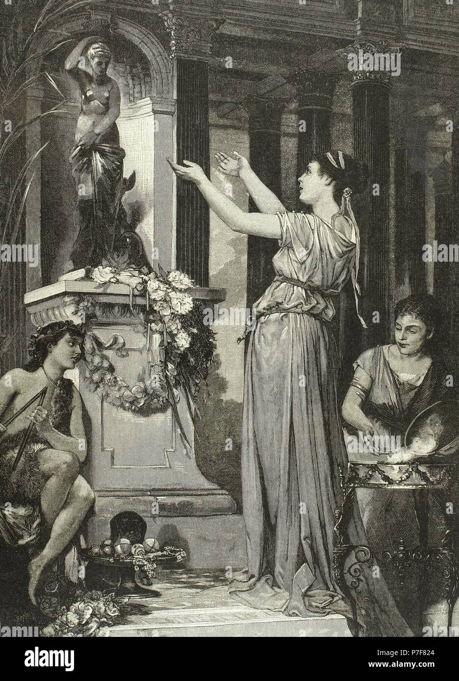 Roman Empire. Bride makes an offering to the gods. Engraving. "El Mundo ...