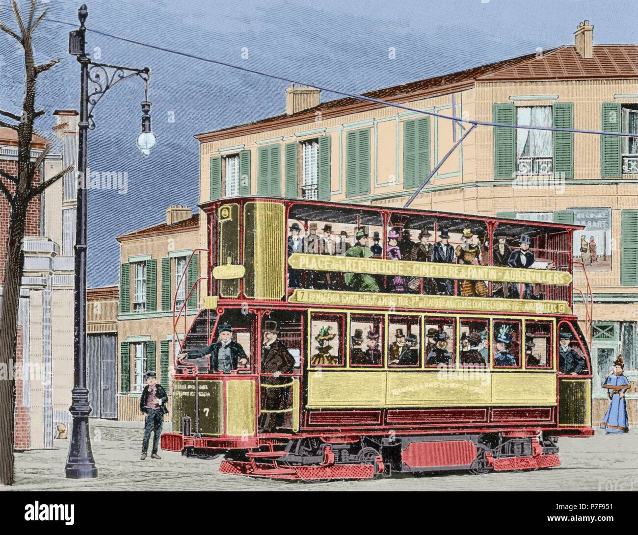 Electric tram. Engraving, 19th century. Colored Stock Photo - Alamy