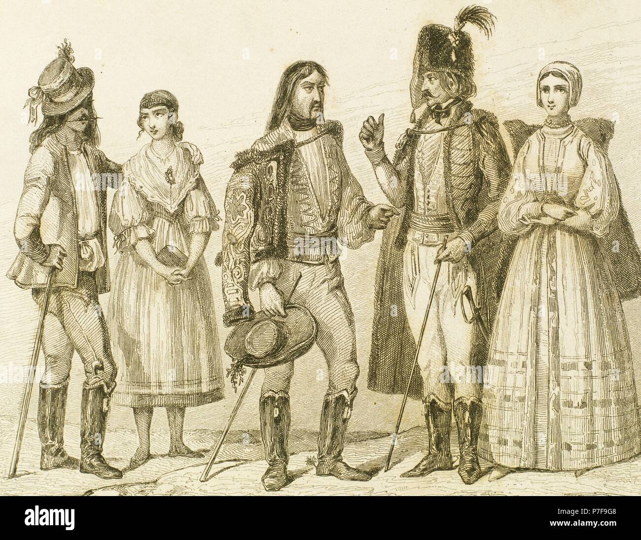 Hungary. Different people of the Hungarian society. Engraving Stock ...