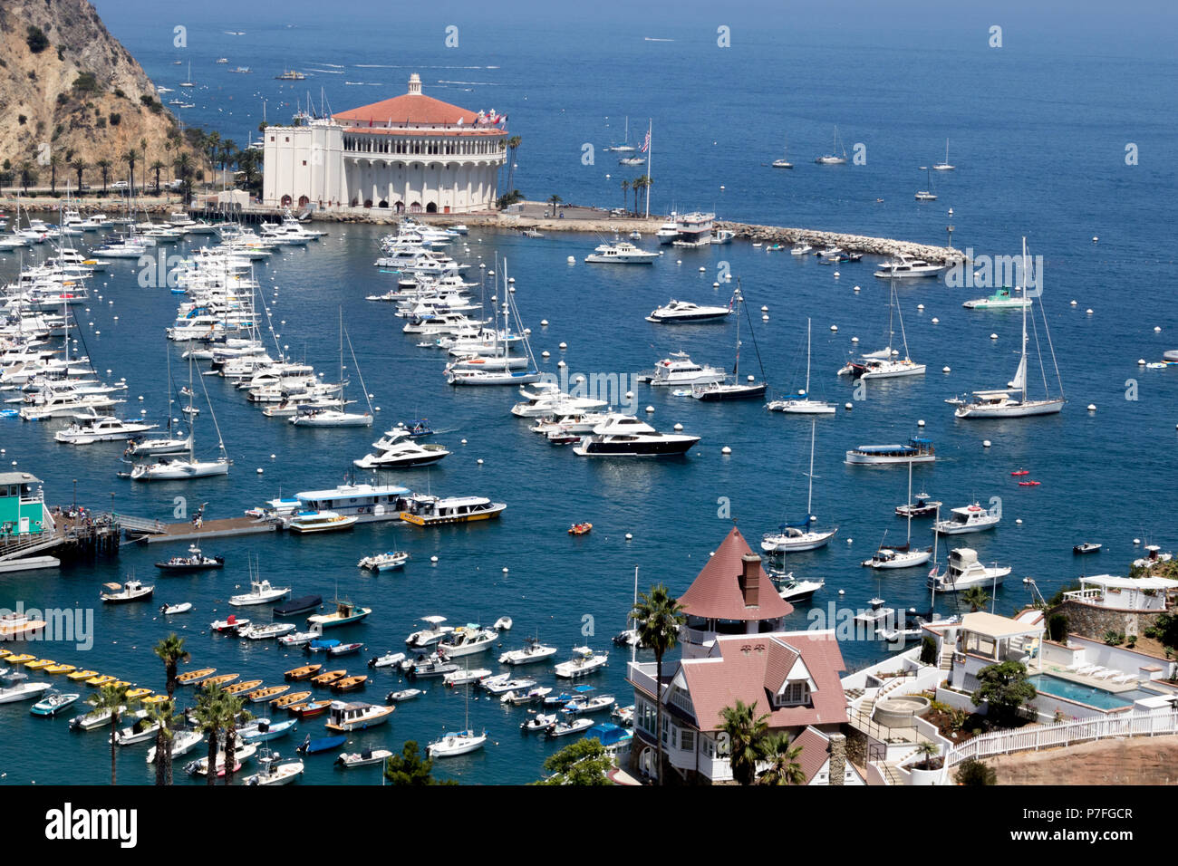 Overhead wide angle bay view of Avalon harbor with casino, pleasure ...