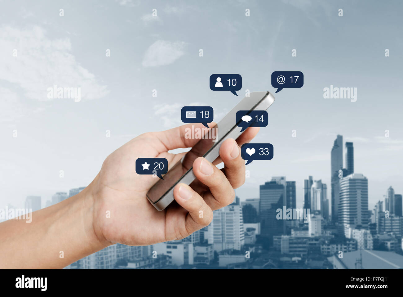 Hand holding mobile smart phone, with social media and social network ...