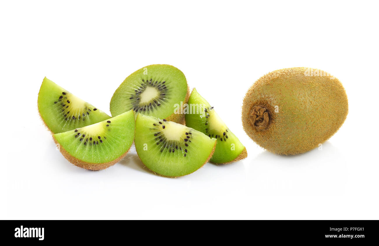Whole kiwi fruit and his sliced segments isolated on white background ...